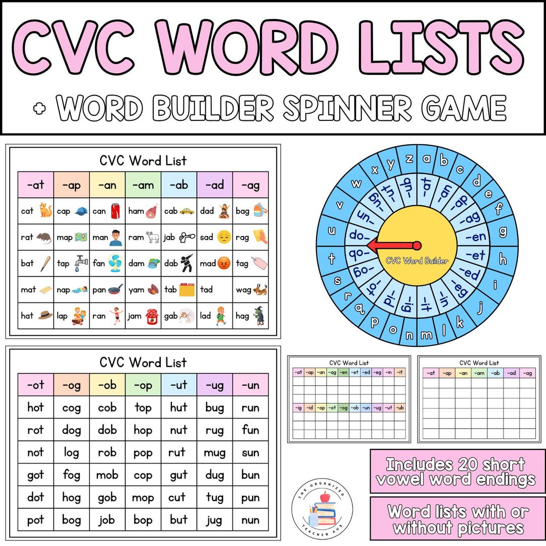 CVC Visual Support Word Lists + CVC Word Building Spinner Game | Visual ...