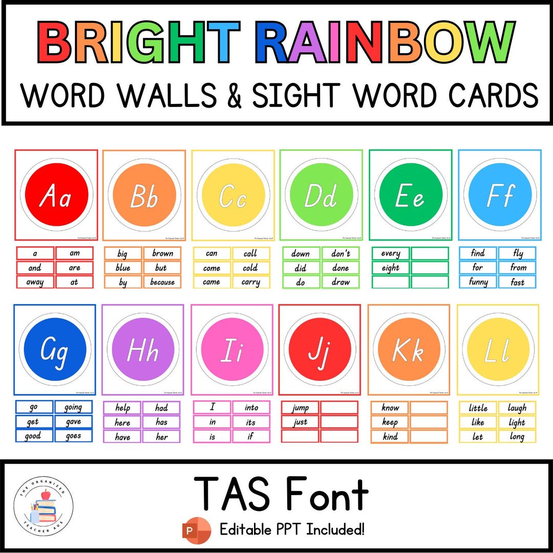 TAS Font Editable Word Wall + Sight Word Cards | Rainbow Bright ...