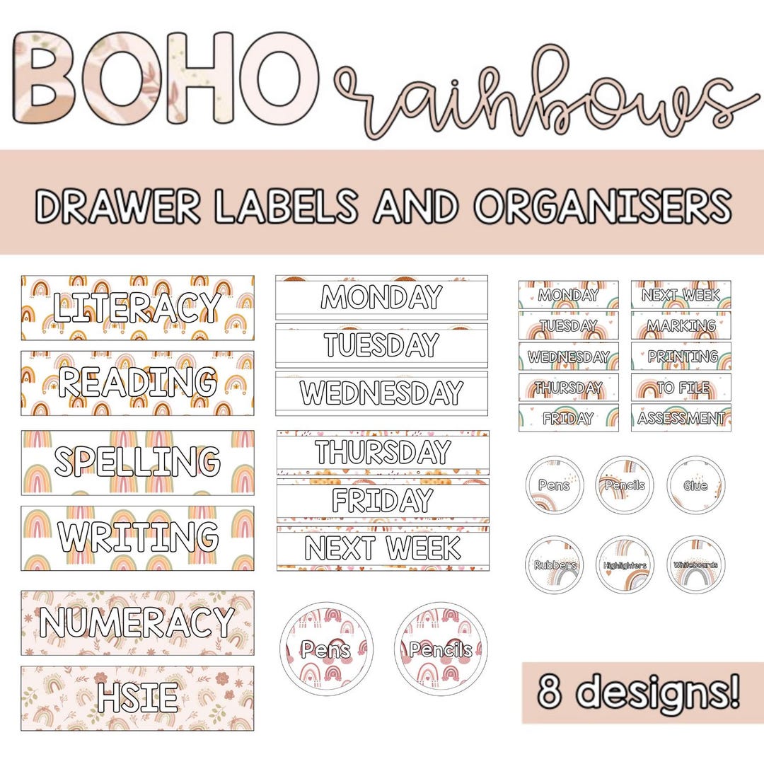 Editable Drawer, Tray & Desk Labels | Boho Rainbows Themed Pack ...