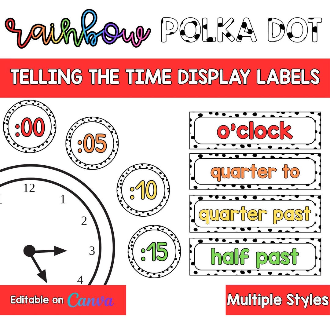 Rainbow Polka Dot Editable Clock Labels | Telling Time Analog ...