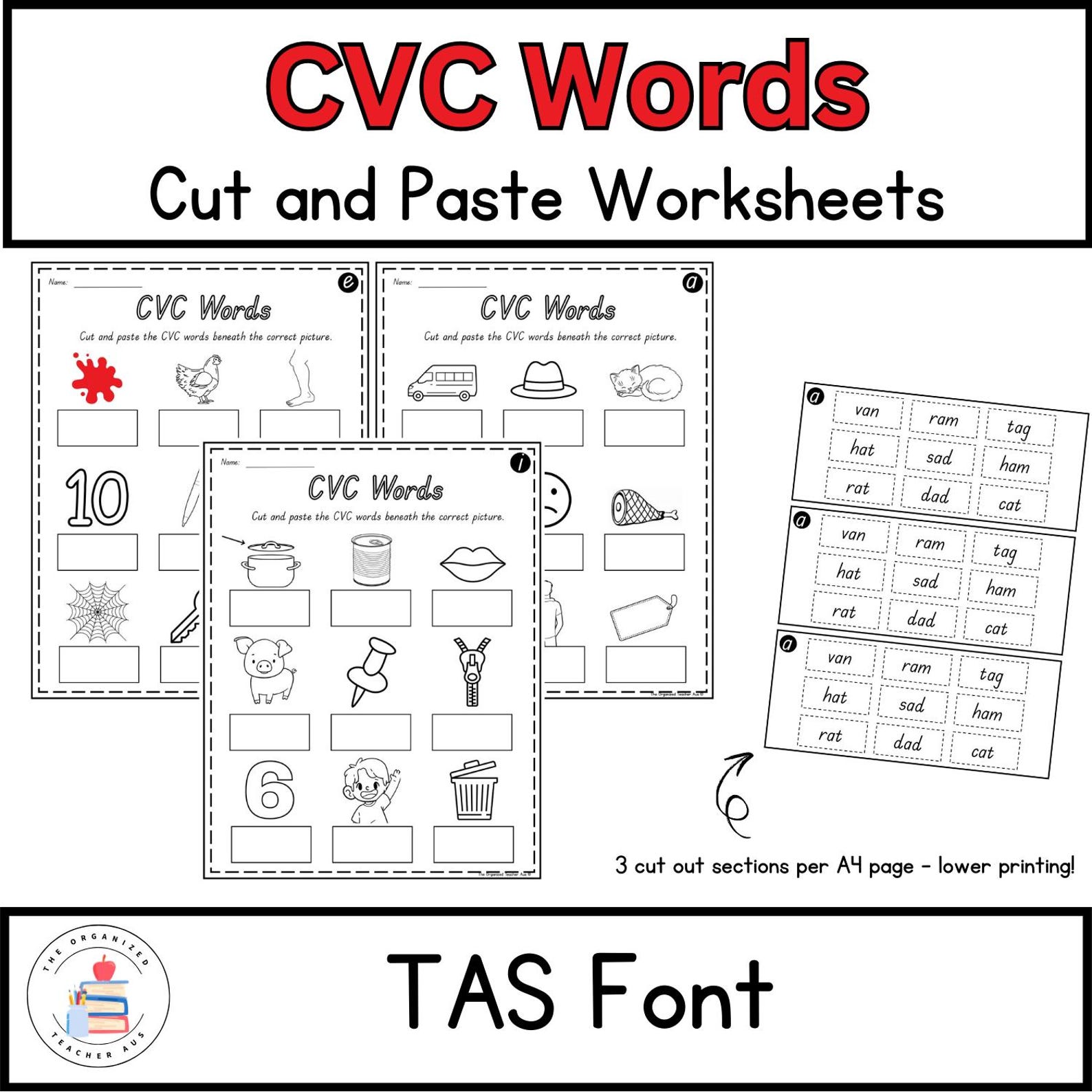 TAS Font | CVC Picture-word Cut and Paste | Short Vowel Sound No Prep ...
