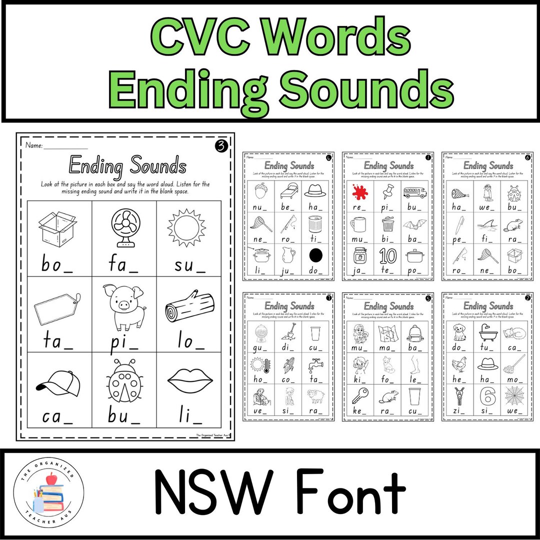 NSW Font | CVC Word | Ending Sound Sort | Final Sound Identify & Write ...