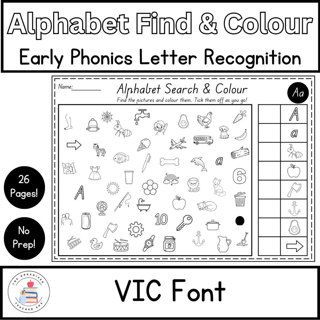 VIC Font | Alphabet Letter Recognition | Find and Color | No Prep ...