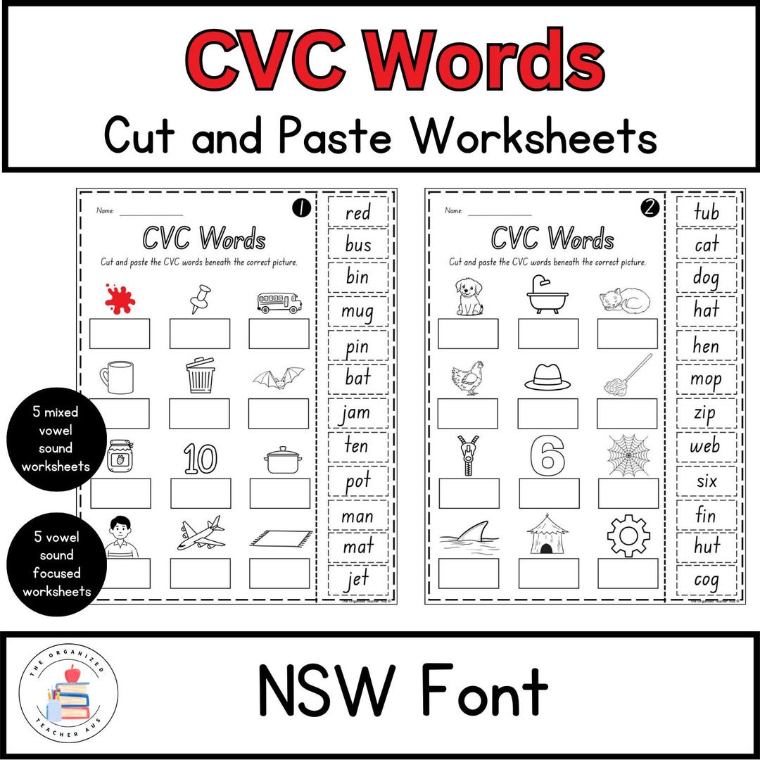 NSW Font | CVC Picture-word Cut and Paste | Short Vowel Sound No Prep ...