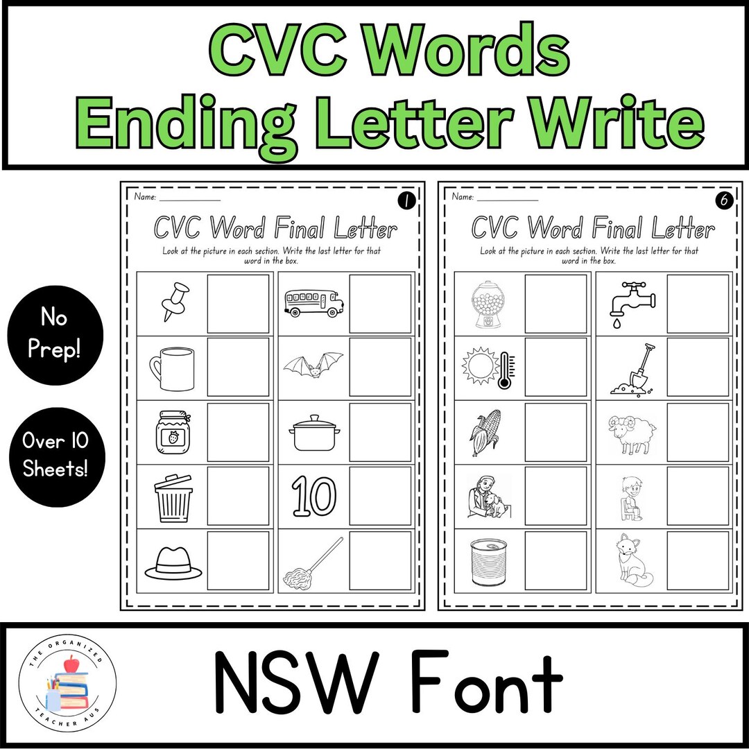 NSW Font | CVC Word Ending Letter Identification and Write | Early ...