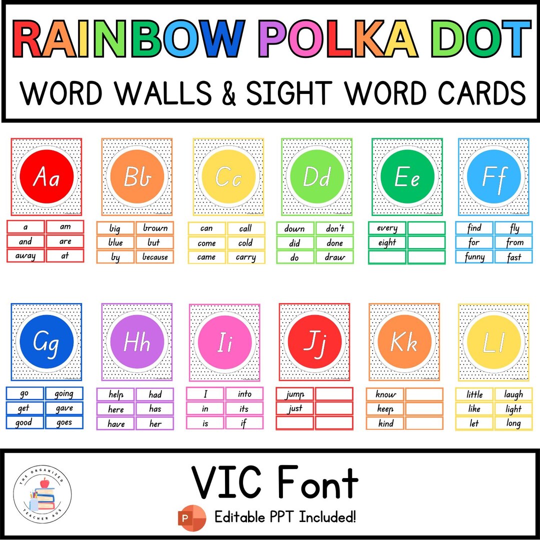 VIC Font Editable Word Wall + Sight Word Cards | Rainbow Bright ...
