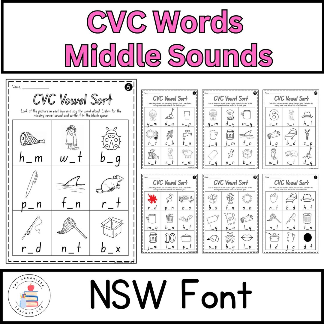 NSW Font | CVC Word | Middle Sound Sort | Median Vowel Sound Identify ...