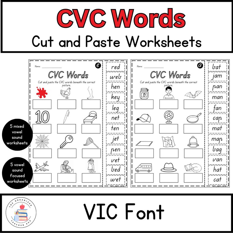 VIC Font | CVC Picture-word Cut and Paste | Short Vowel Sound No Prep ...