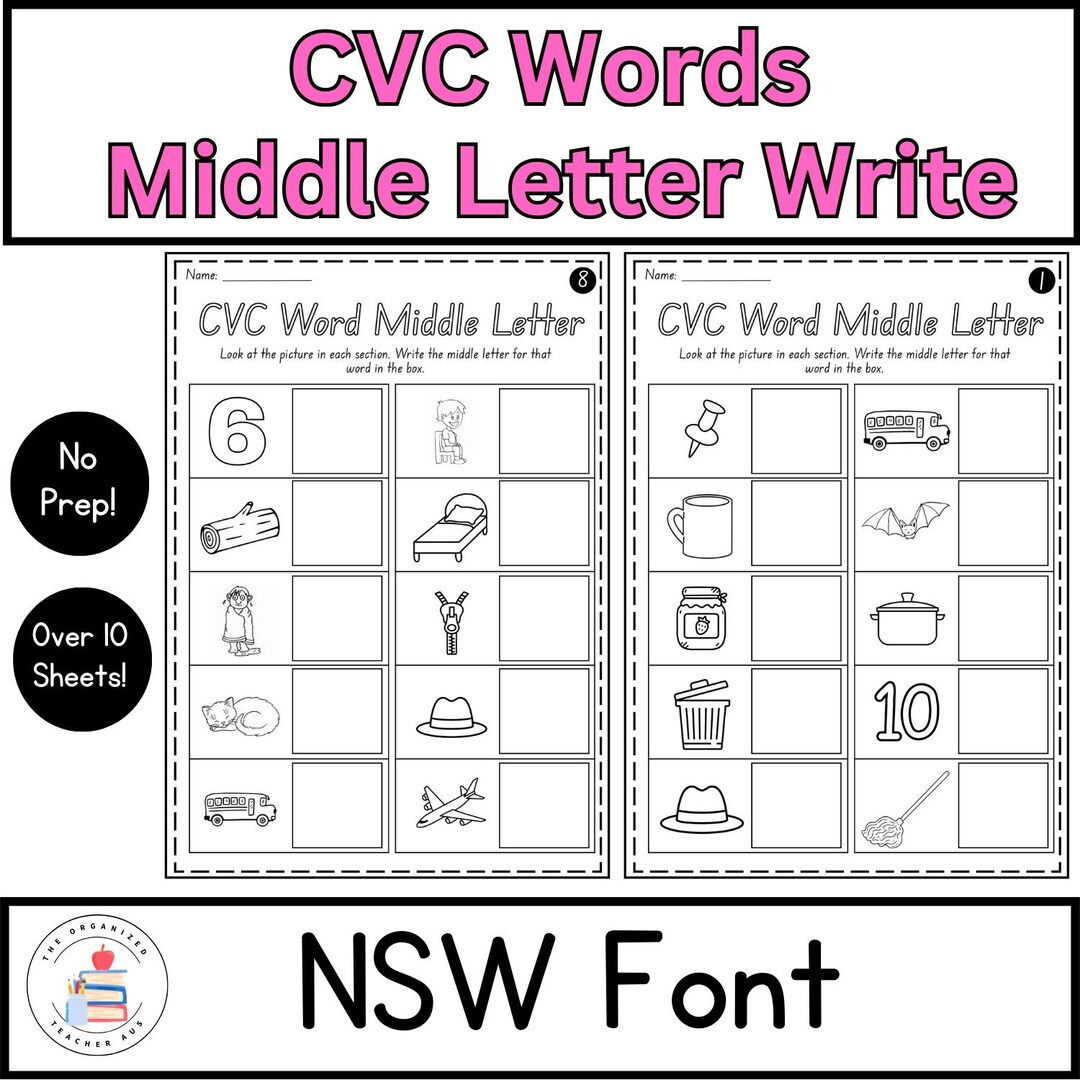 NSW Font CVC Word Middle Letter Identification Write | Early Phonics ...