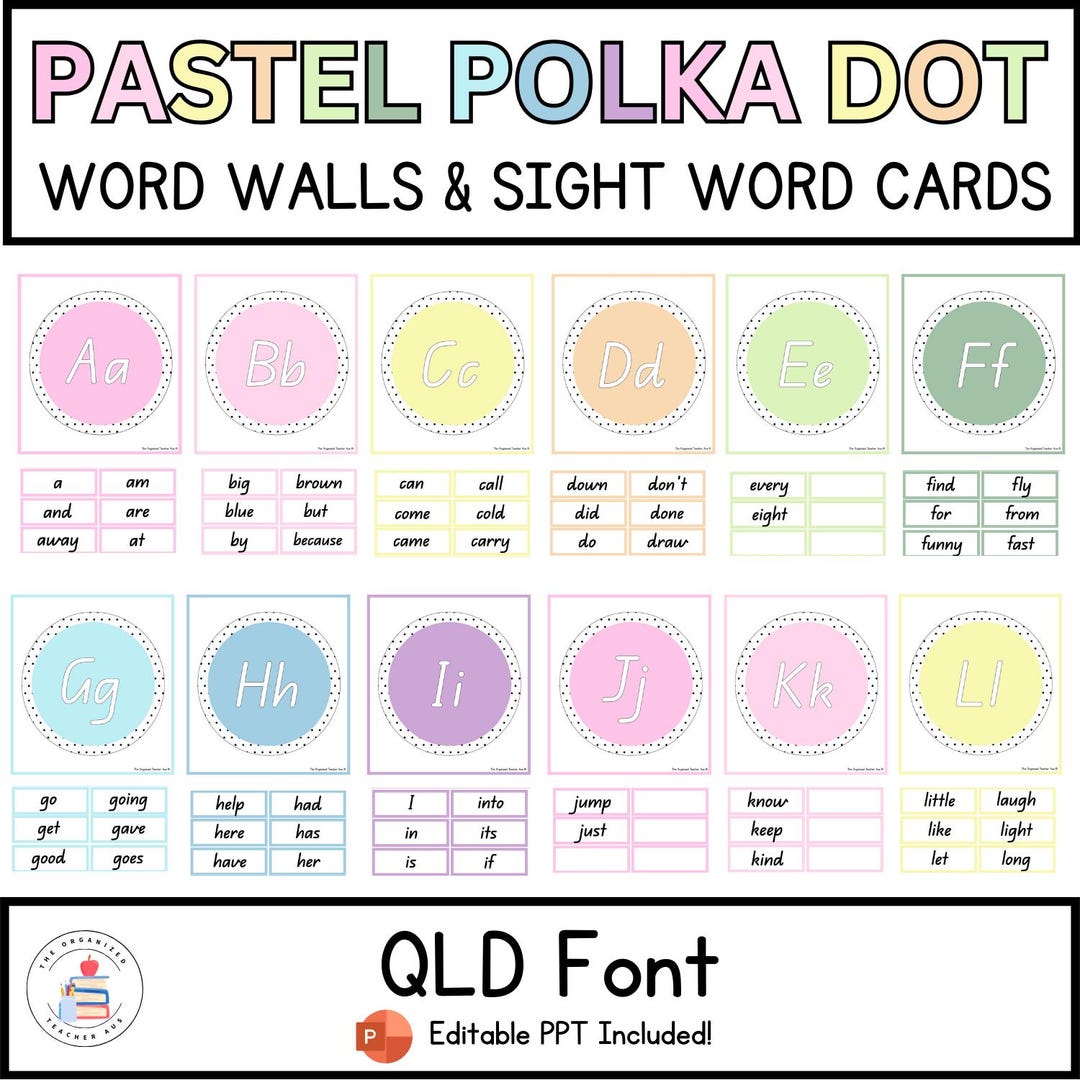 QLD Font | Editable Word Wall and Sight Word Cards | Pastel Polka Dot ...