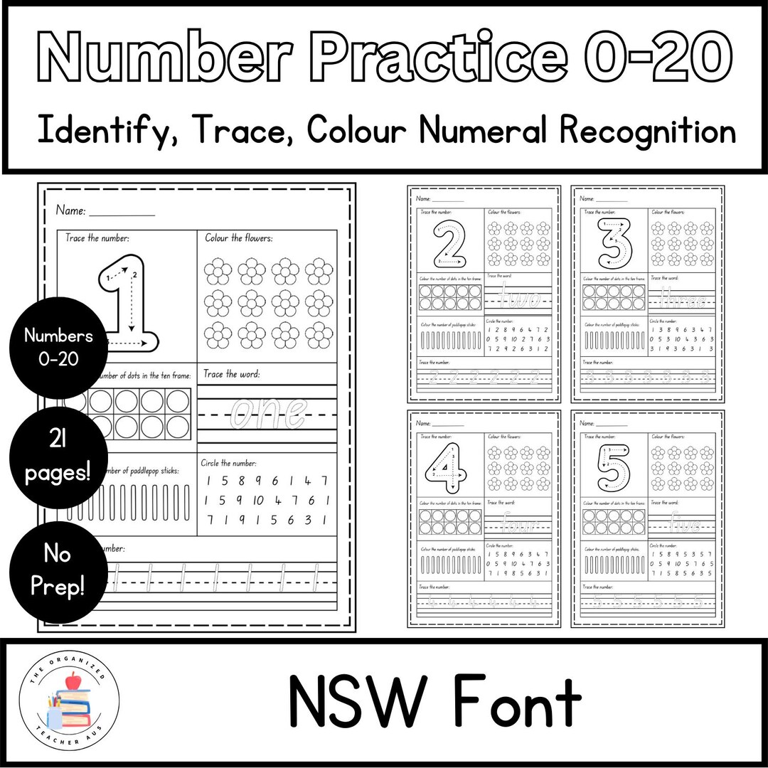 NSW Font Number Recognition Worksheets | Early Years Read, Write, Trace ...