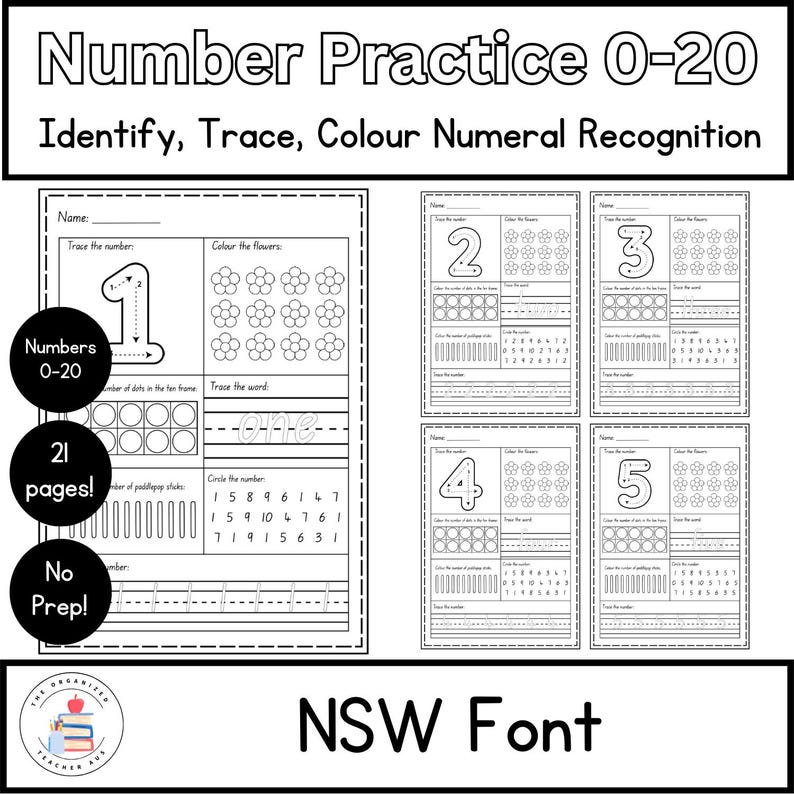 NSW Font Number Recognition Worksheets | Early Years Read, Write, Trace ...