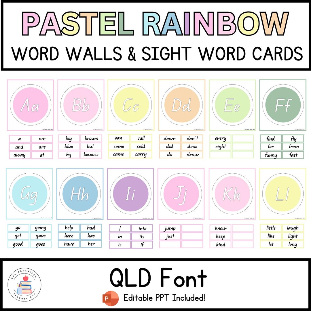 QLD Font Editable Word Wall + Sight Word Cards | Pastel Rainbow ...