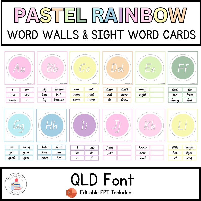 QLD Font Editable Word Wall + Sight Word Cards | Pastel Rainbow ...