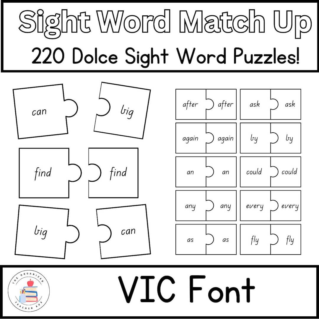 VIC Font | Editable Dolce Sight Word Match up Puzzles | Kindergarten ...