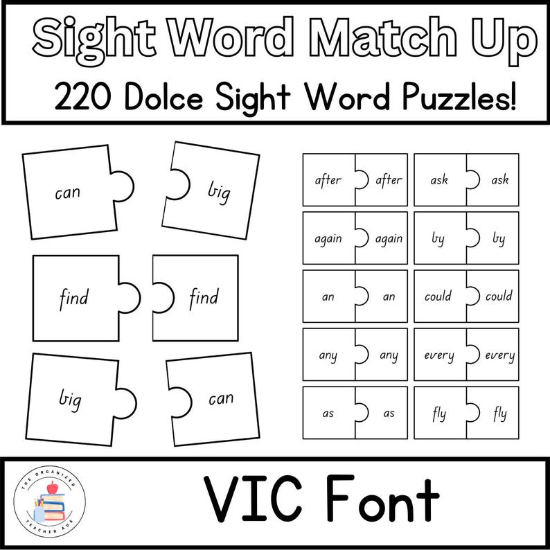VIC Font | Editable Dolce Sight Word Match up Puzzles | Kindergarten ...