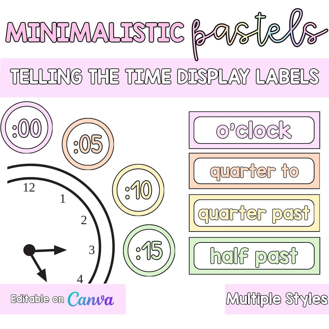 Minimalistic Pastels Editable Clock Labels | Telling Time Analog ...