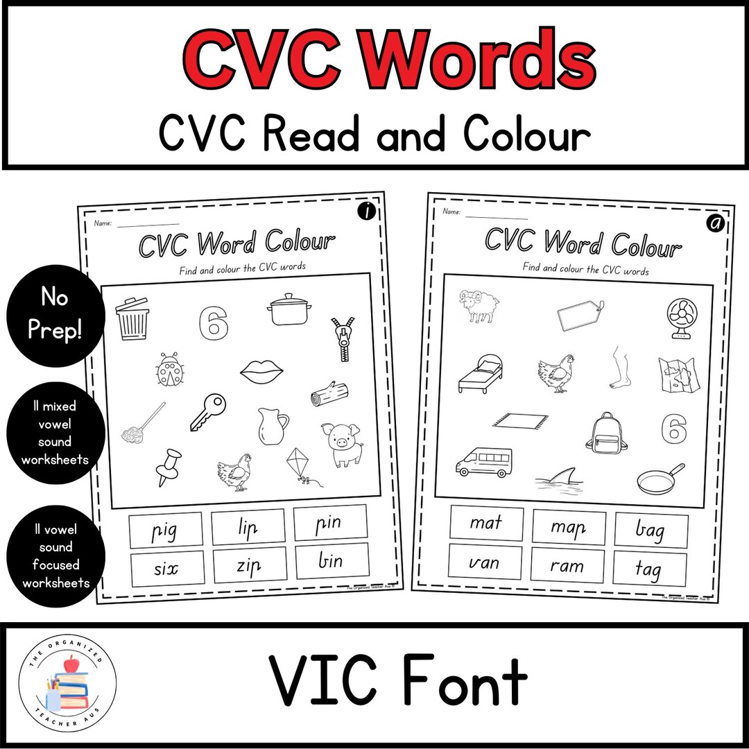 VIC Font | CVC Word Read and Colour | Early Phonics Worksheets ...