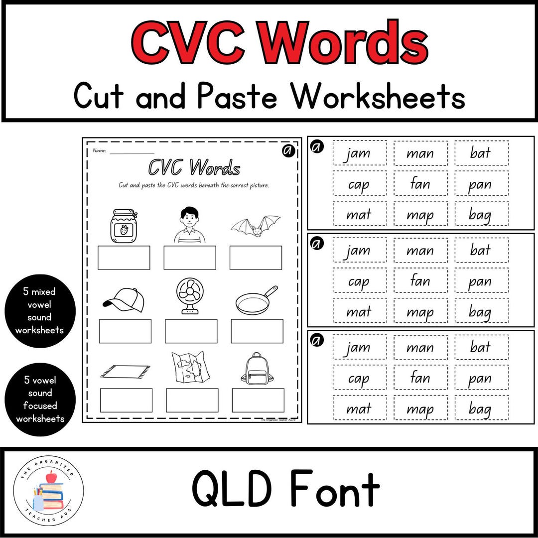 QLD Font | CVC Picture-word Cut and Paste | Short Vowel Sound No Prep ...