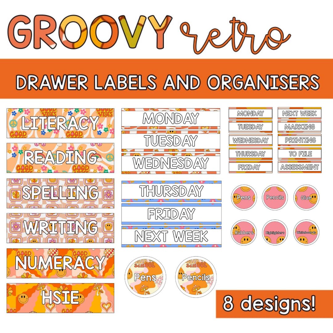 Editable Drawer, Tray & Desk Labels | Groovy Retro Themed Pack ...