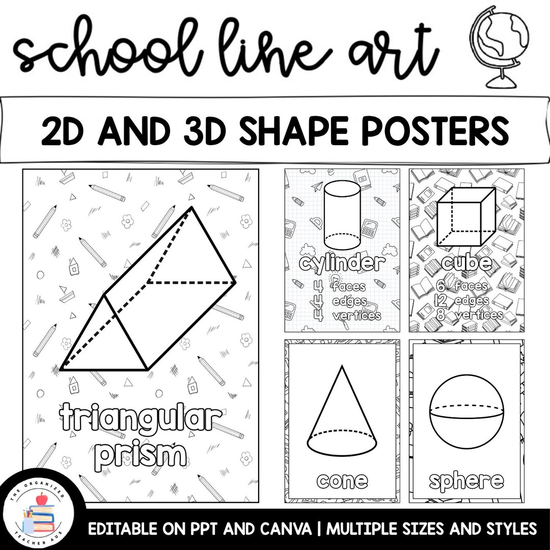 School Line Art 2D and 3D Shape Properties Posters | Mathematics Visual ...