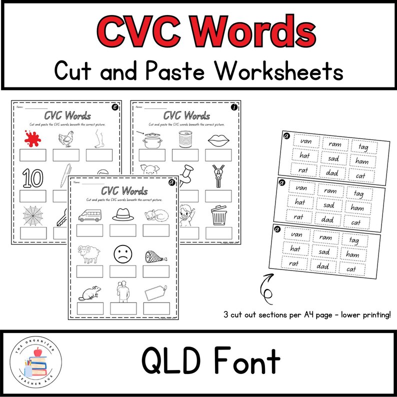 QLD Font | CVC Picture-word Cut and Paste | Short Vowel Sound No Prep ...
