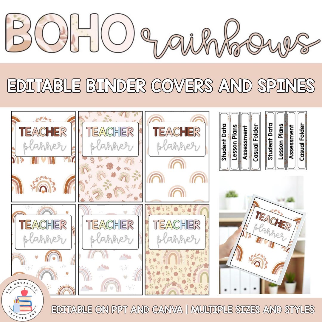 Editable Binder Labels and Spine Labels | Boho Rainbows Themed Decor ...