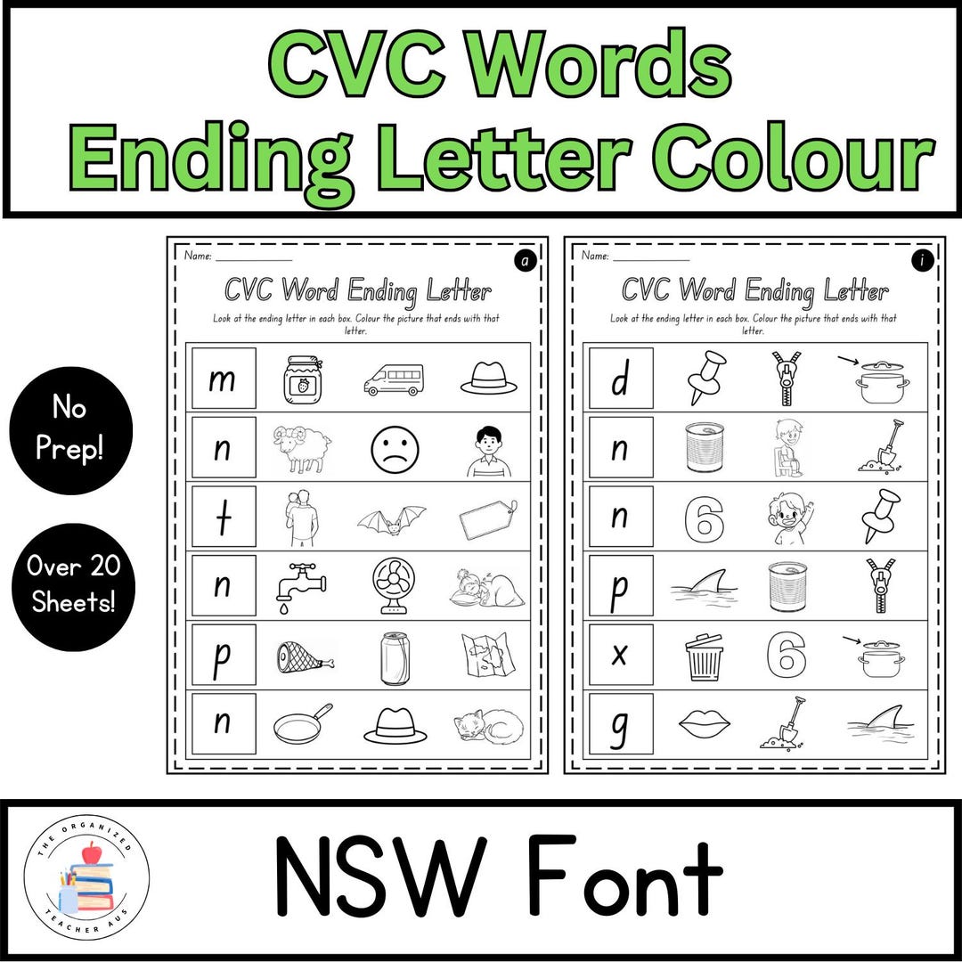 NSW Font CVC Word Ending Letter Identification and Colour/color | Early ...