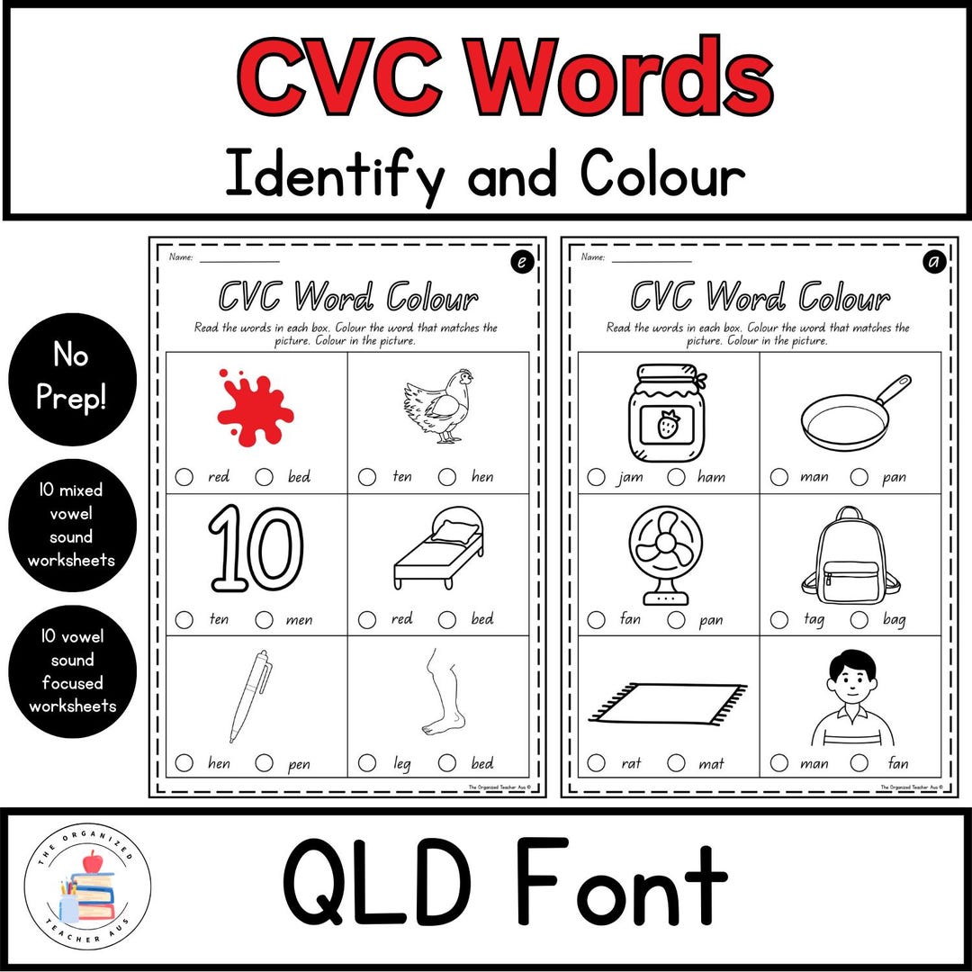 QLD Font CVC Words | Identify and Colour | Word Identification Match up ...