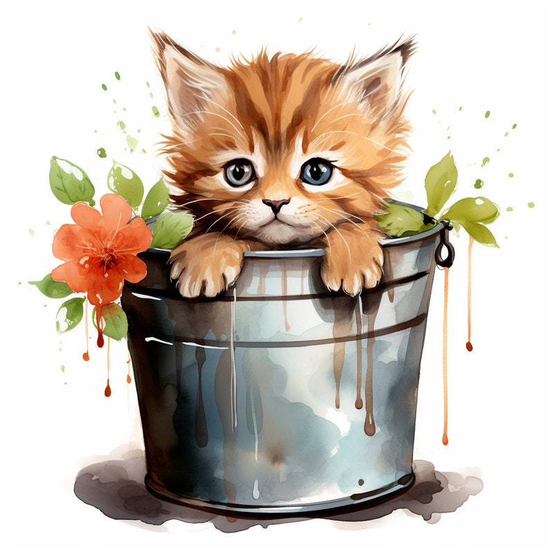 Watercolor Cute Kitten in a Bucket PNG Commercial Use Clip Art, Baby ...