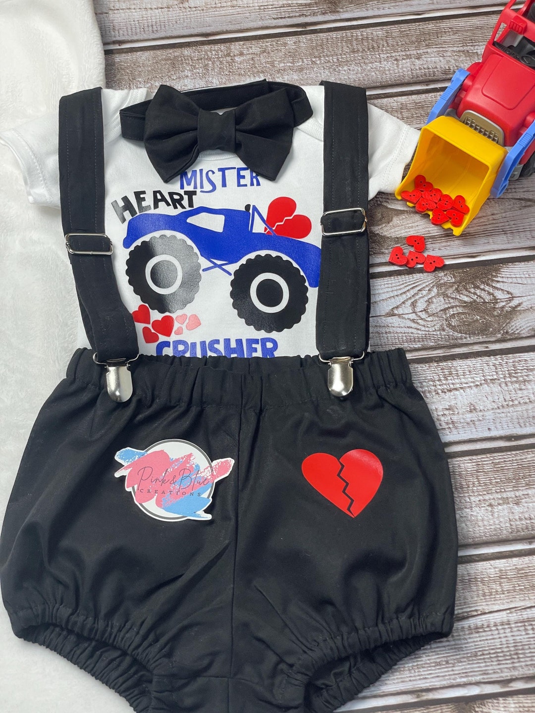 Valentines Day Truck With Broken Heart Onesie /black Diaper Cover With ...