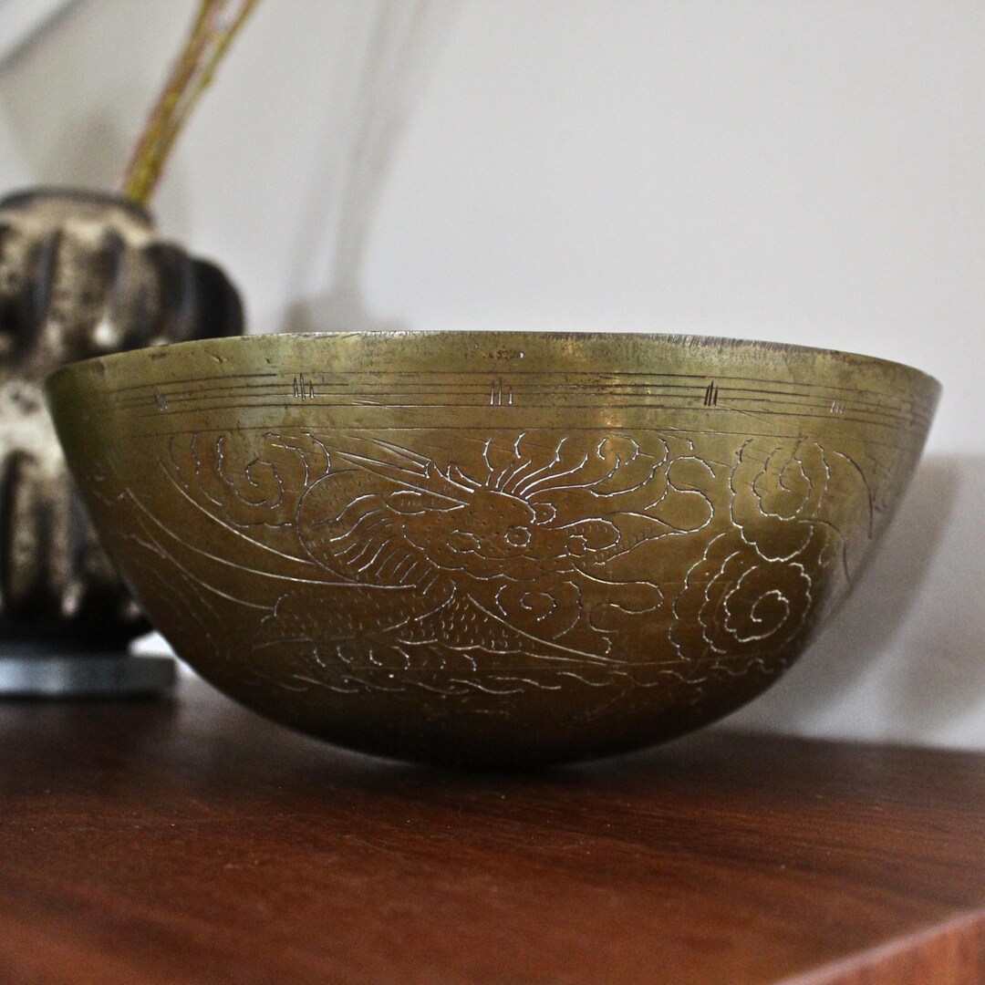 Antique Chinese Brass Bowl With Etched Carvings, Dragon & Phoenix ...