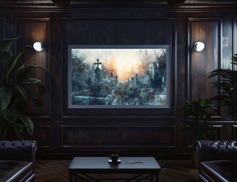 Cemetery Print, Graveyard Frame TV Art, Spooky Painting, Art Print ...
