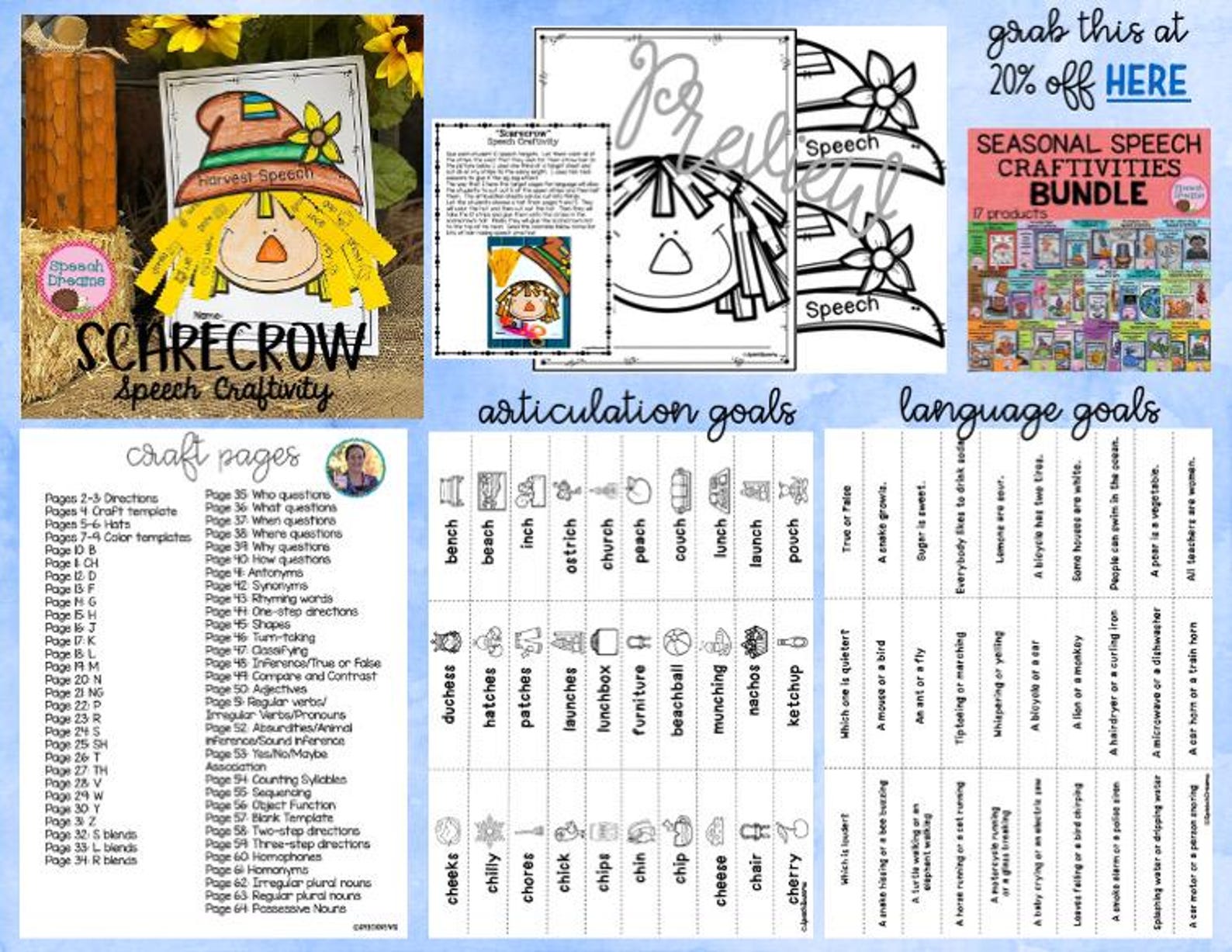 Fall Speech Therapy Scarecrow Articulation Craft With Language Goals ...