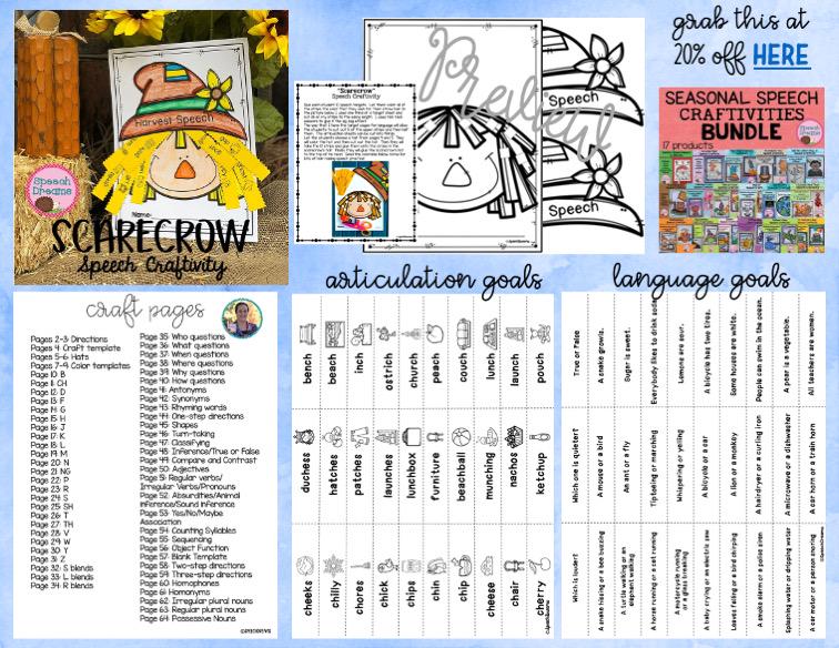 Fall Speech Therapy Scarecrow Articulation Craft With Language Goals ...