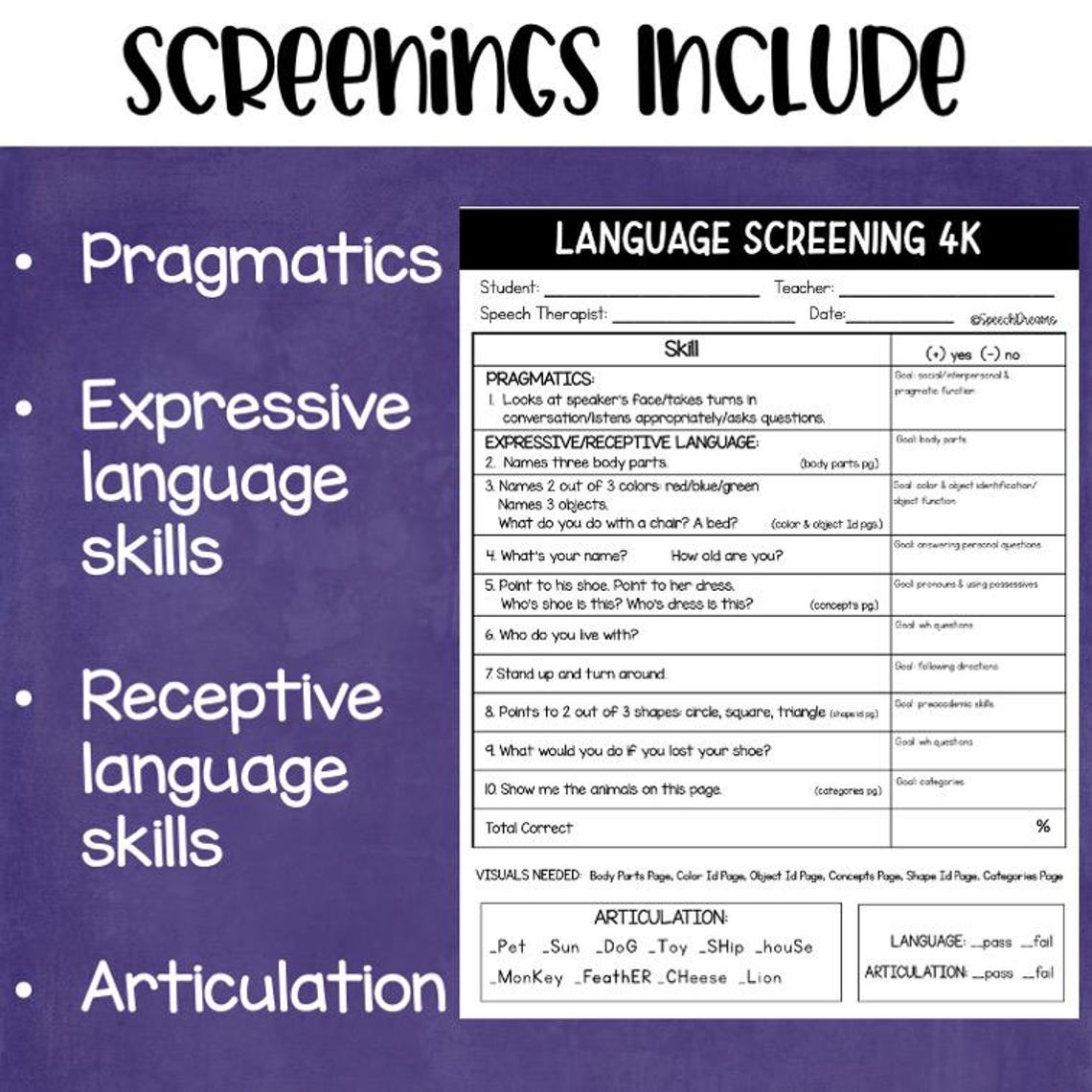 Quick Articulation Screener and Speech Language Screenings: Ages 2 ...