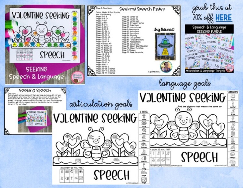 Valentine's Speech Worksheets: Vocalic R Sequencing Adjectives Verbs ...