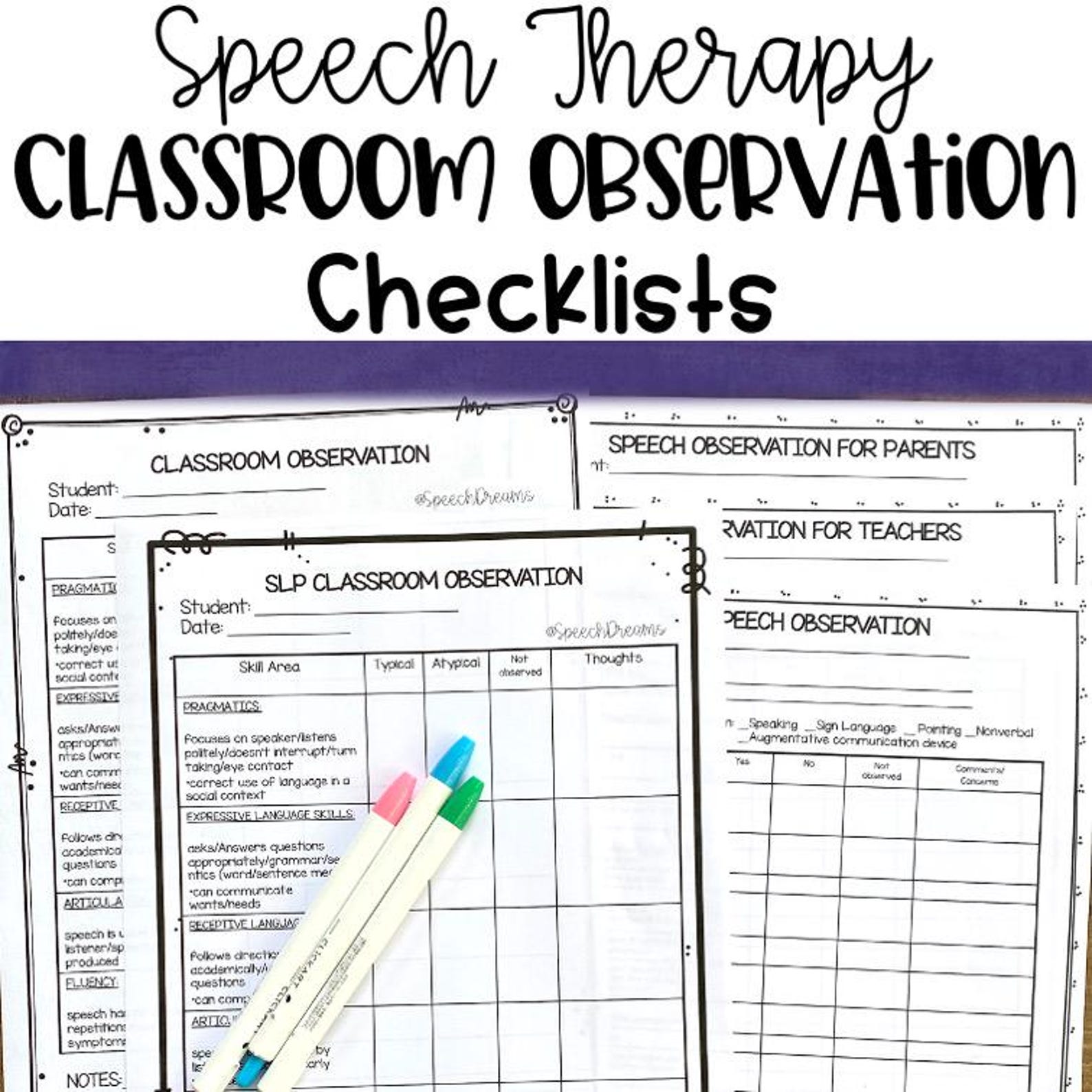 Speech Therapy Classroom Observation Quick Data Collection Checklist ...