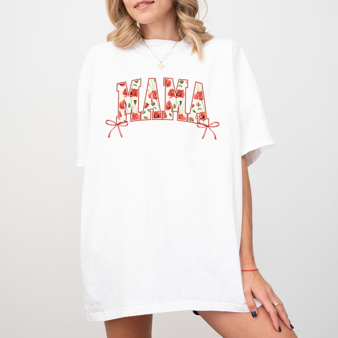 Poppy Bow MAMA Shirt, Vintage-inspired Mom Graphic Tee, Trendy Floral ...