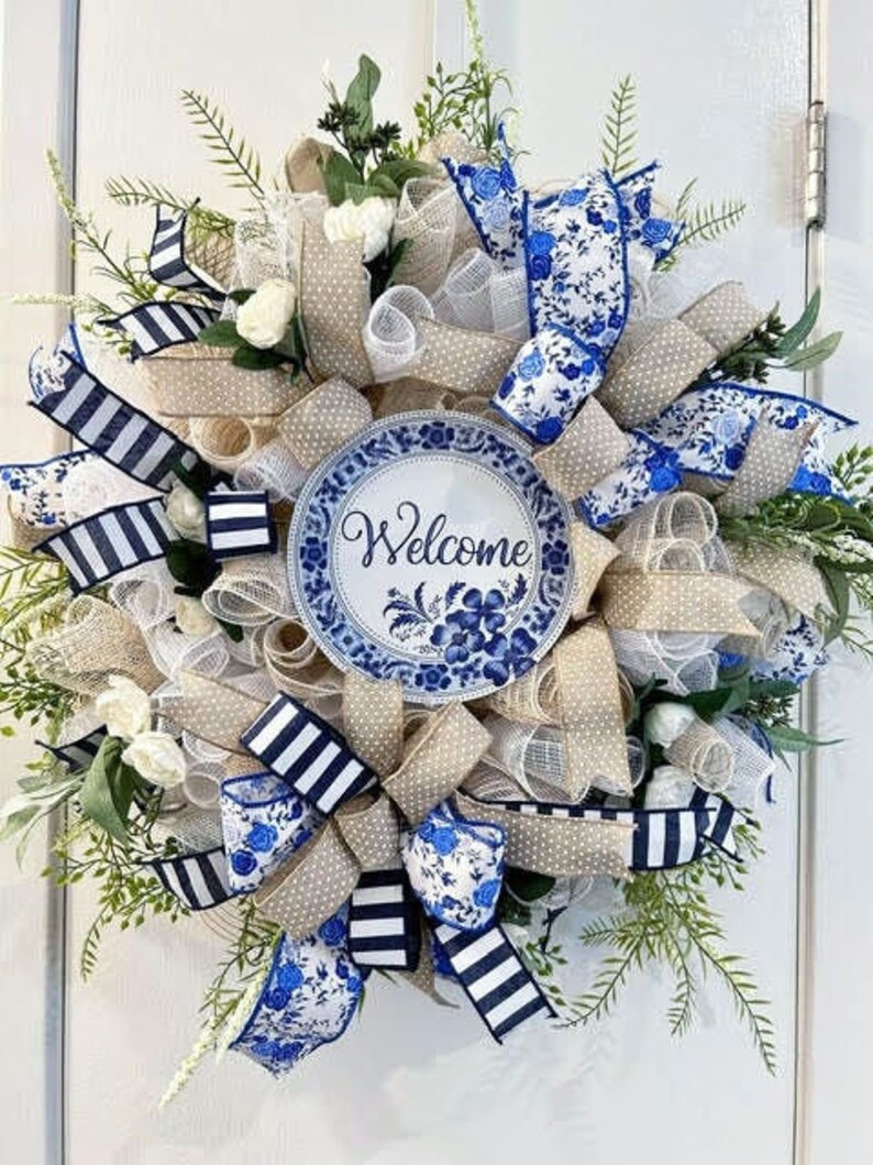 Welcome Floral Wreath, Blue Roses, White Ranunculus, Greenery, Ribbon ...