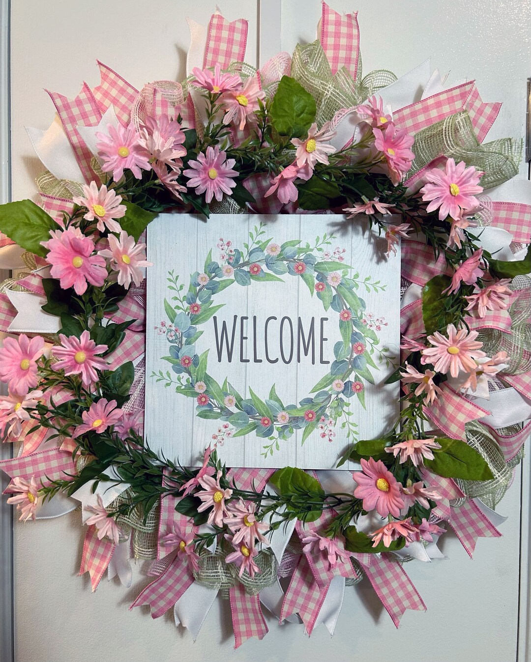 Spring Floral Wreath, Pink Daisy, Deco Mesh, Ribbon, Gingham, Daisies ...