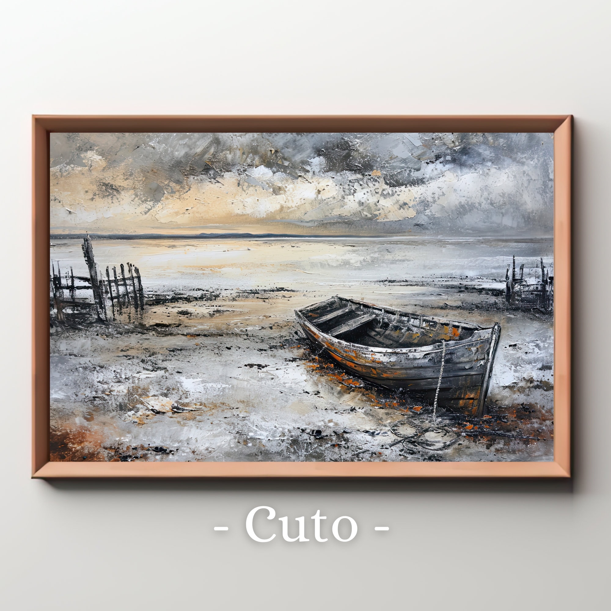 Beached Rowboat at Dusk Rustic Seaside Canvas, Vintage Maritime Artwork ...