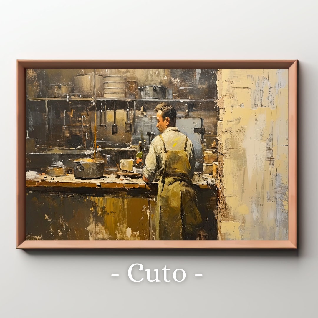 Chef in Rustic Kitchen Oil Painting: Culinary Artist at Work in ...