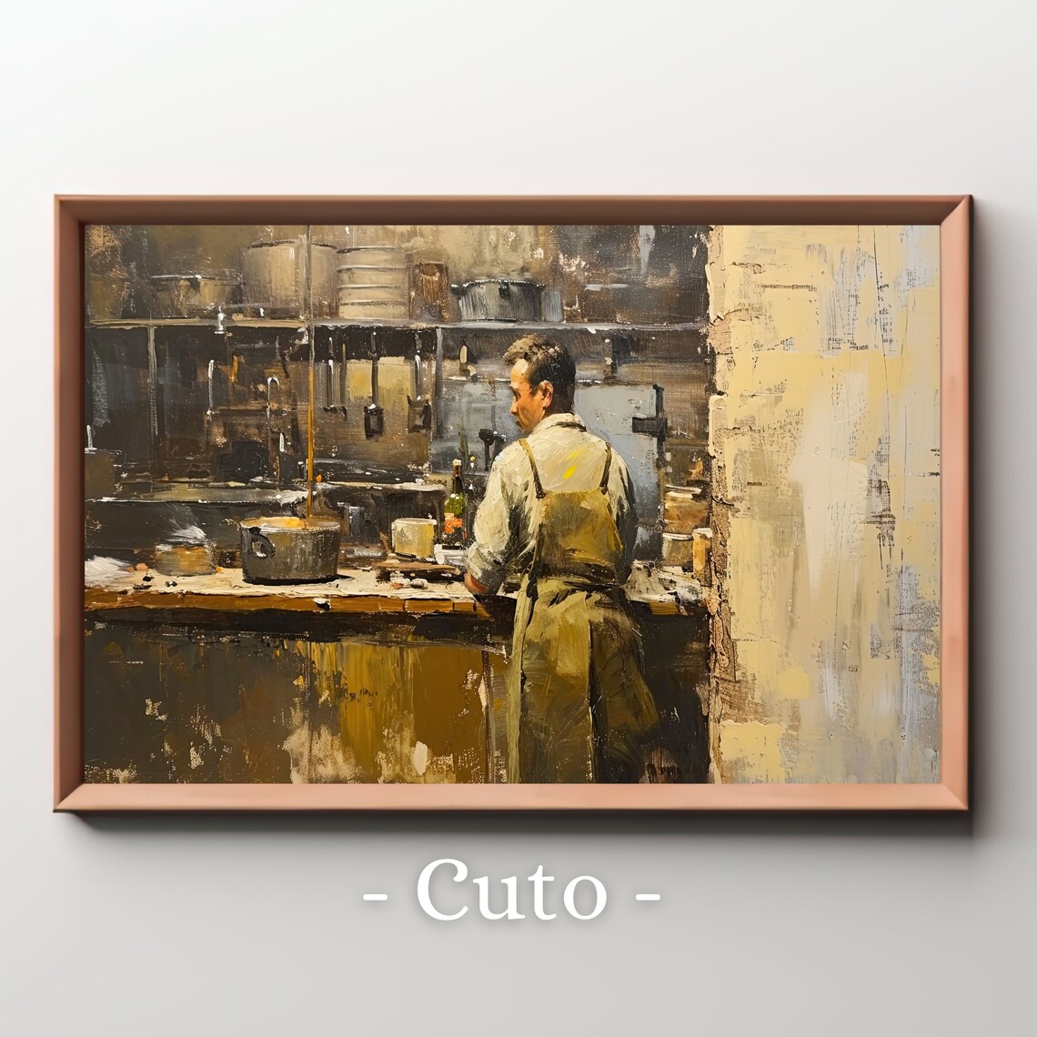 Chef in Rustic Kitchen Oil Painting: Culinary Artist at Work in ...