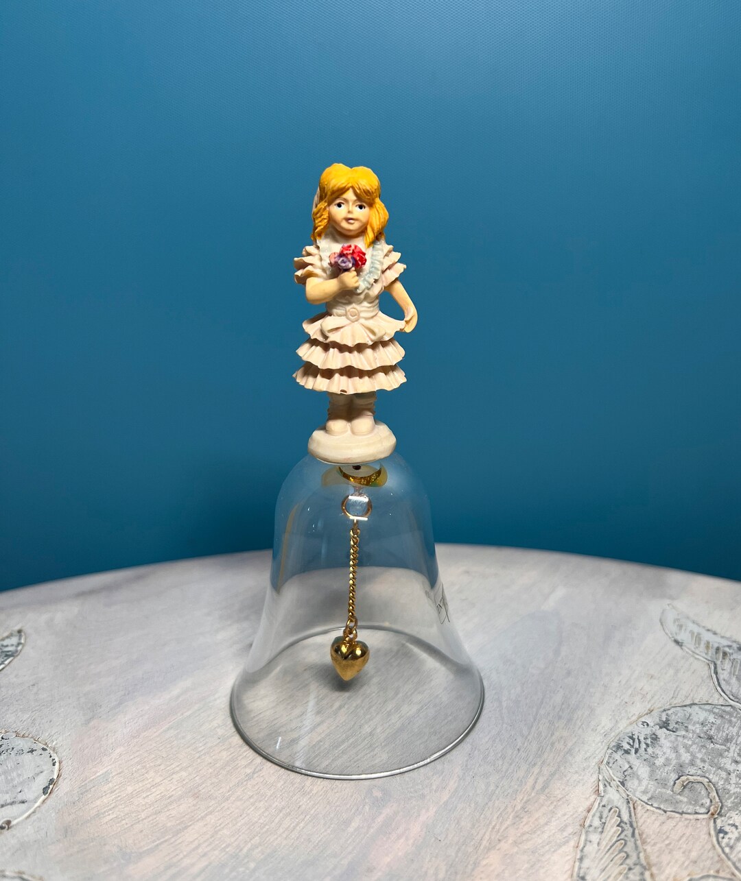 1990 Betty Chaisson Intaglio Glass Bell – Girl With Flower Bouquet ...