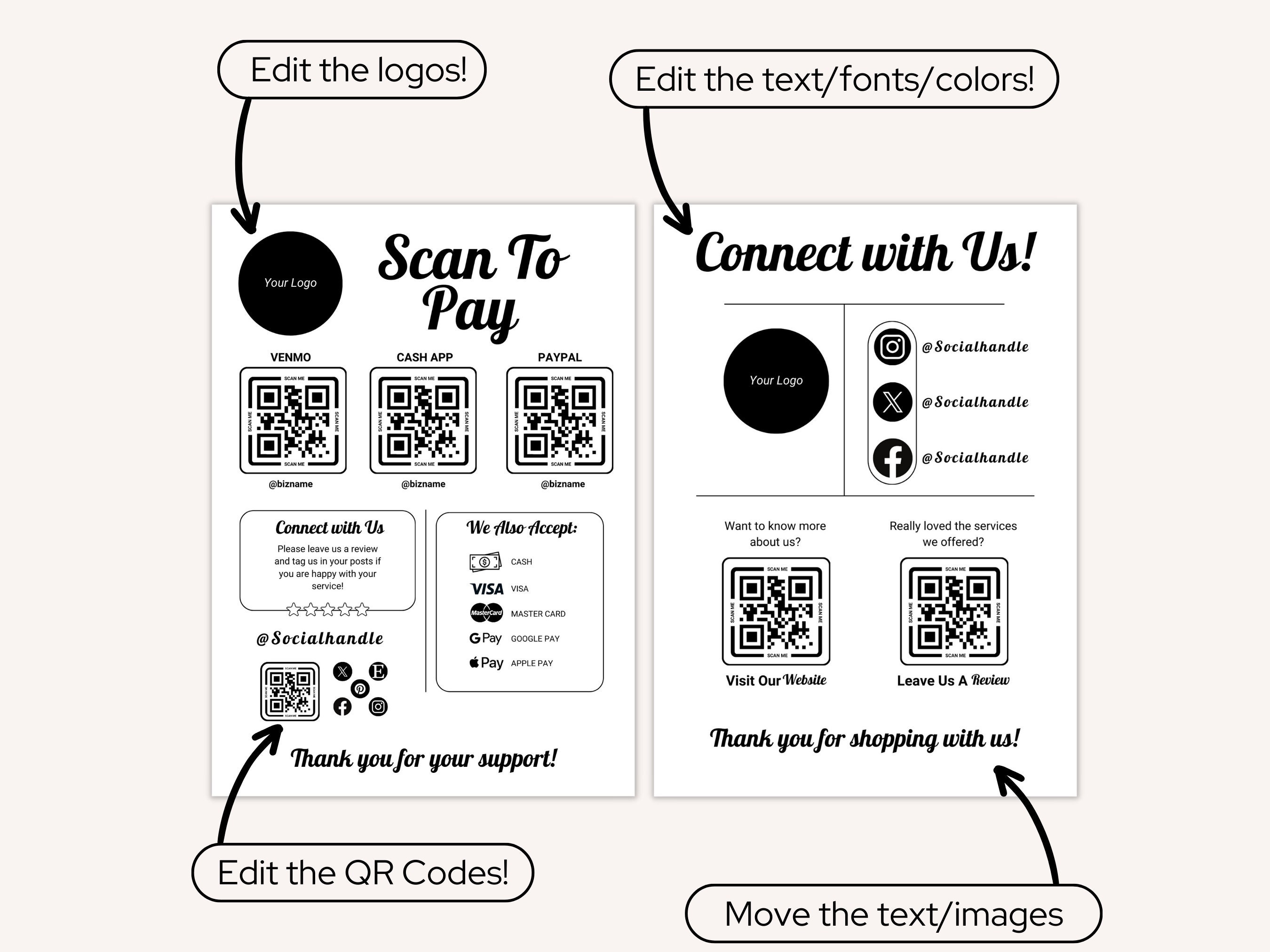 Editable Scan to Pay Template, QR Code Template, Payment Sign, Venmo QR ...