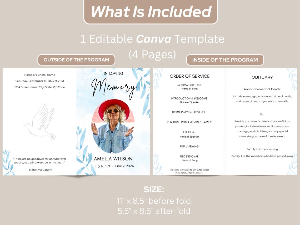 Editable Funeral Program Canva Template, Obituary Template, Funeral ...