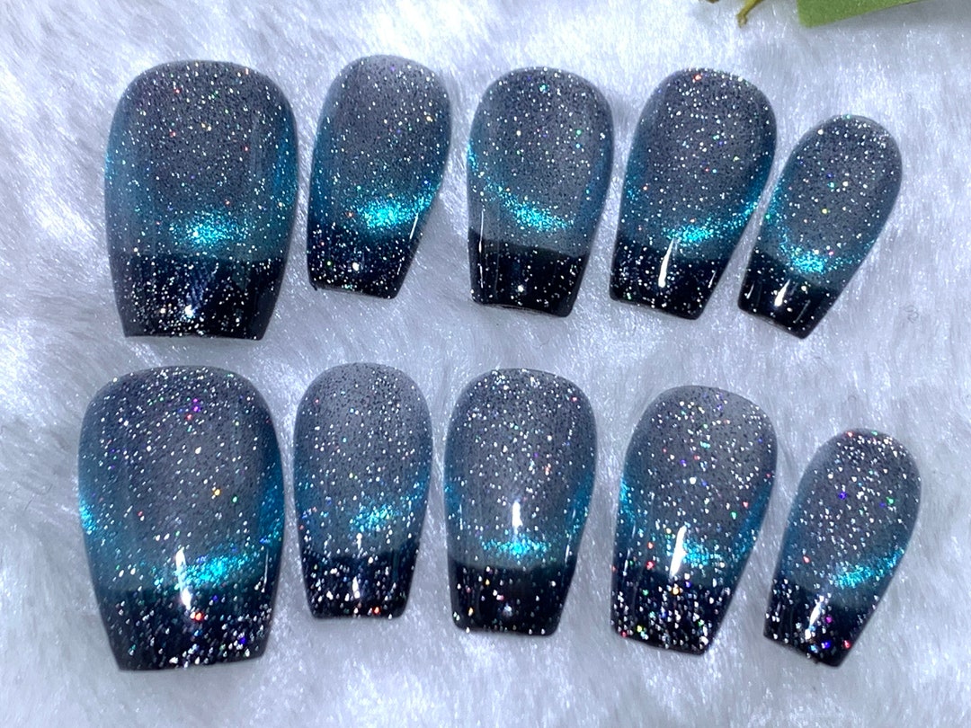 Electric Blue Nail Design/cute Short Blue Nail/magnetic Cat Eye Nail ...