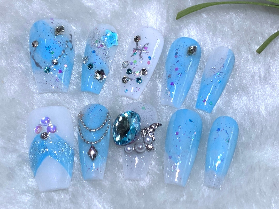 Dreamy Blue Rhinestones Press on Nails/ Long Coffin Blue Princess Fake ...