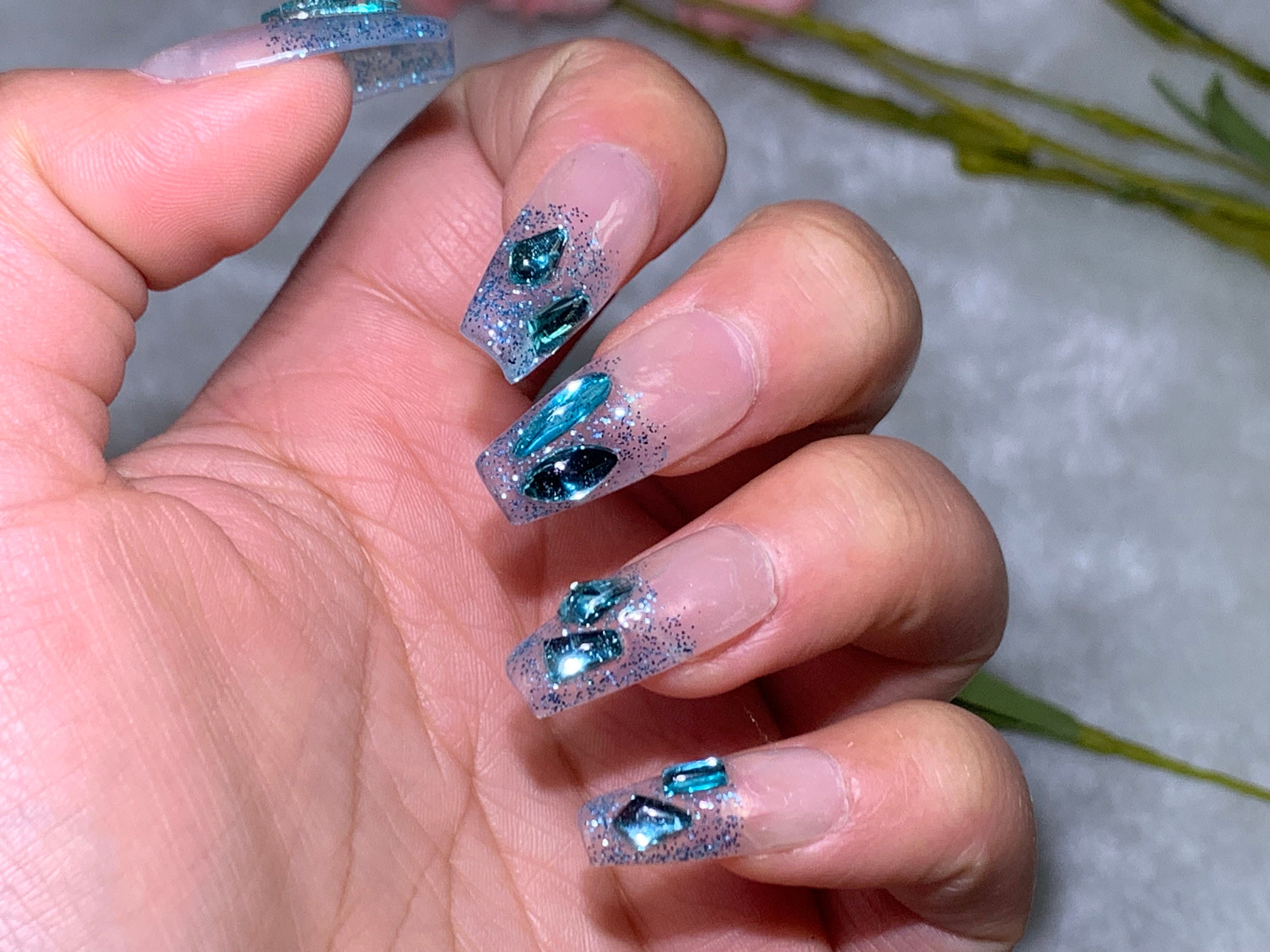 Glitter Crystal Blue Nail/cute Acrylic Coffin Ombre Blue Nail/sparkly ...